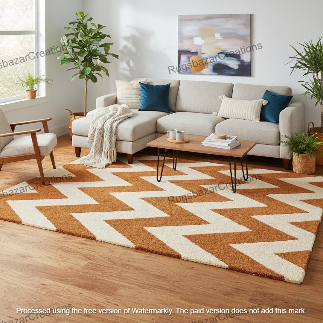 Modern Zigzag Rug, Rust Chevron Pattern Rug, Hand Tufted Wool Rug,mid ...