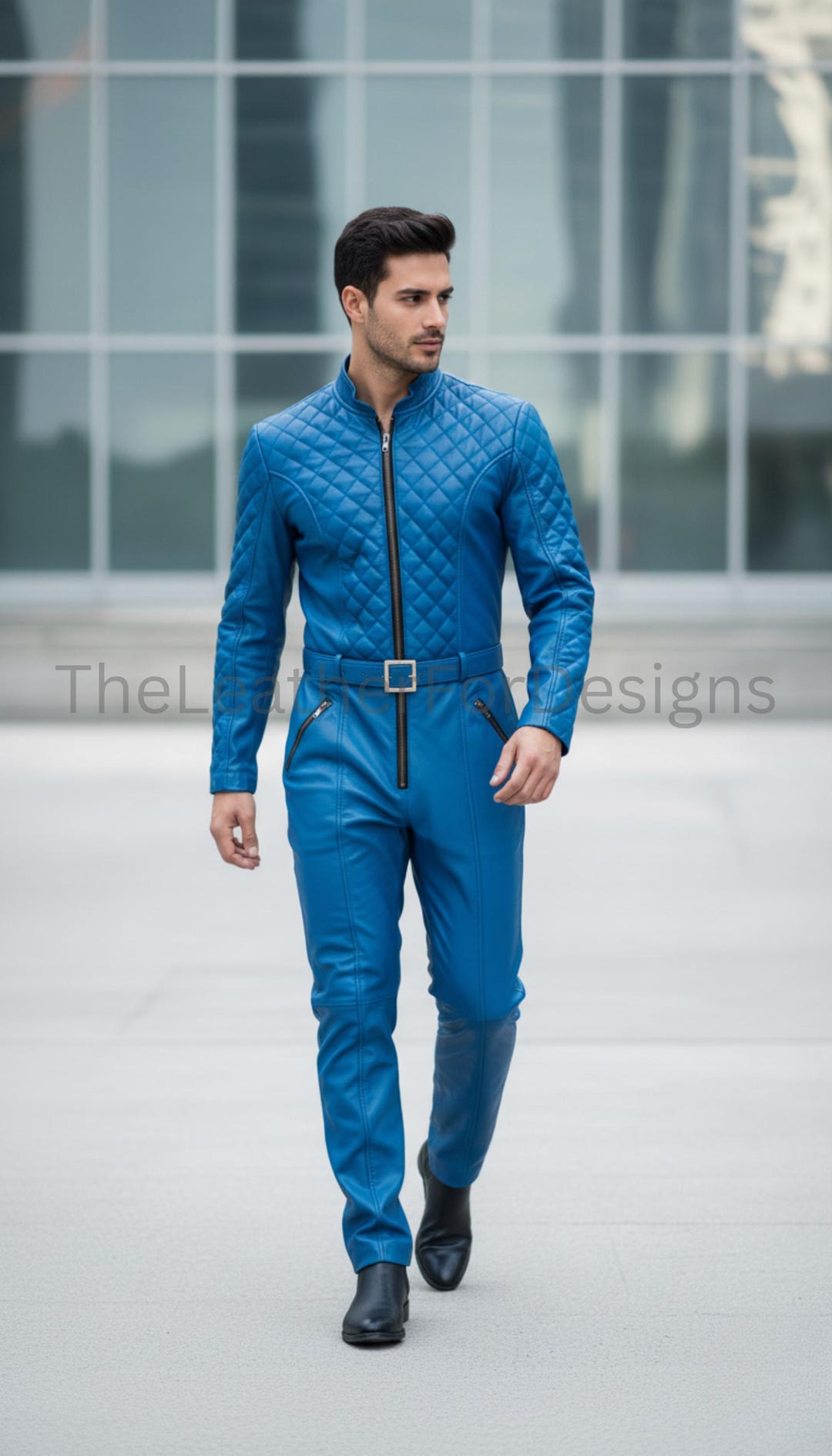 Men’s Blue Quilted Leather Jumpsuit With Belt – Designer One-piece ...