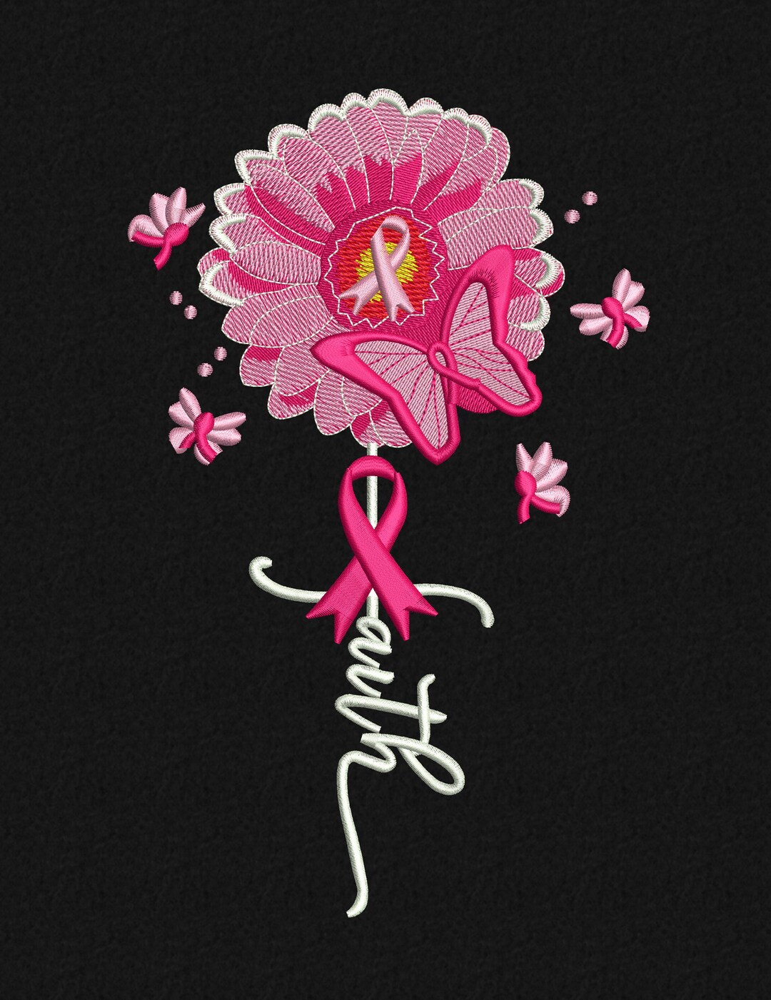 Breast Cancer Ribbon Embroidery Design – Faith & Butterfly 4x4 Hoop - Etsy
