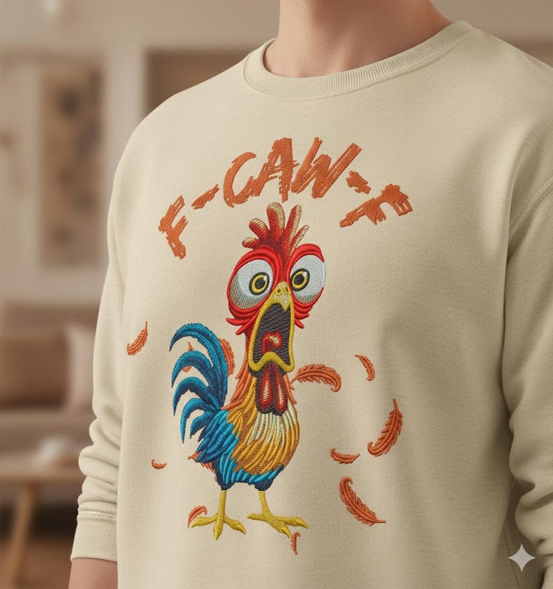 Funny Nervous Rooster Embroidery Design – "f-caw-f" Chaotic Chicken ...