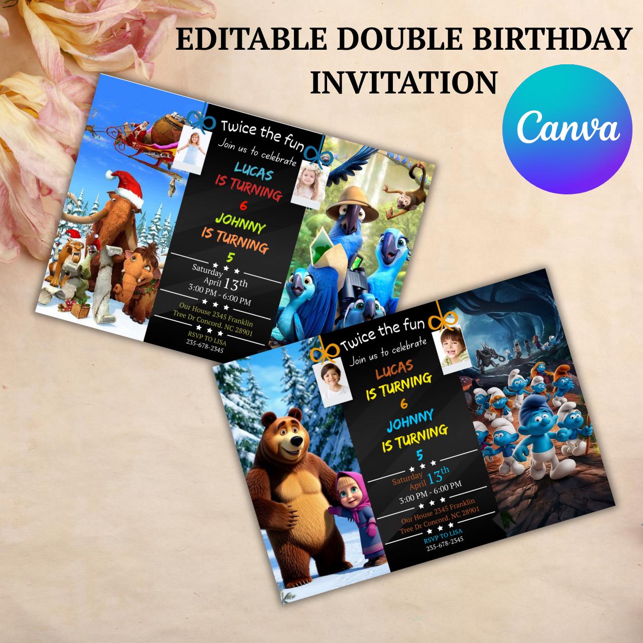 Editable Sibling Birthday Invitation, Double Birthday Invite, Dual ...