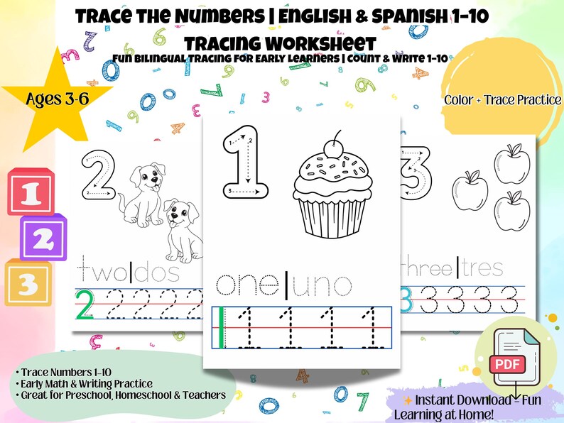 Numbers 1-10 Tracing Worksheets | English-spanish Counting Practice ...
