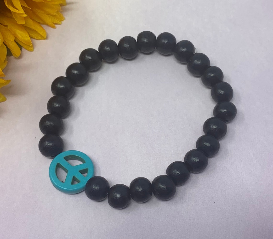 Peace Sign Bracelet Teal Peace Sign Black Wood Beads - Etsy
