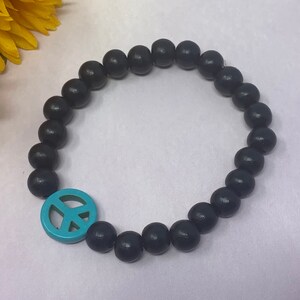Peace Sign Bracelet, Teal Peace Sign, Black Wood Beads, Stretch ...