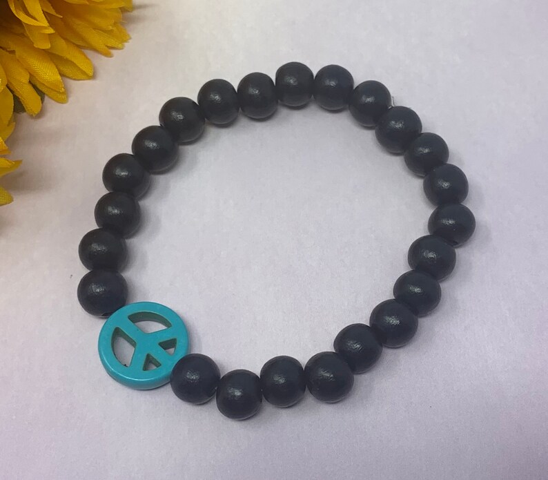 Peace Sign Bracelet Teal Peace Sign Black Wood Beads - Etsy