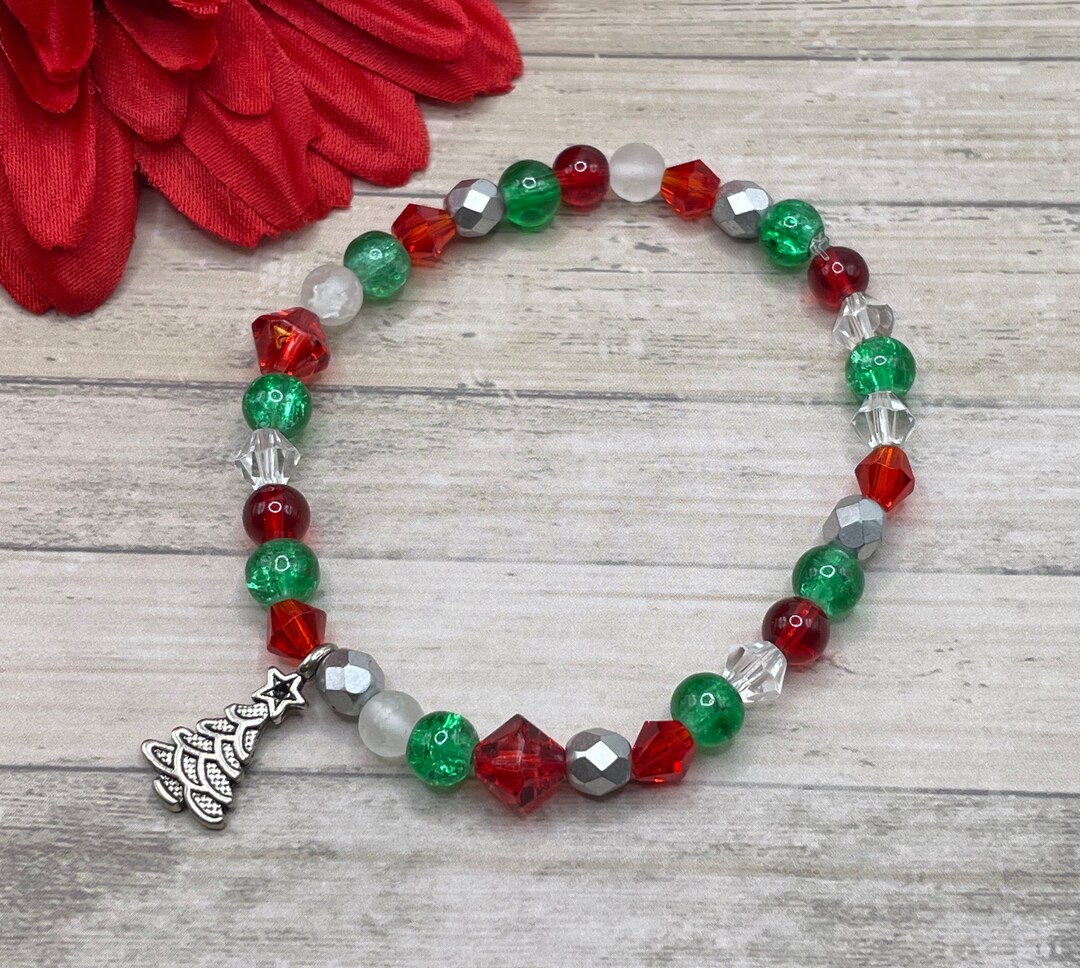 Christmas Tree Bracelet, Christmas Jewelry, Red and Green Beads ...
