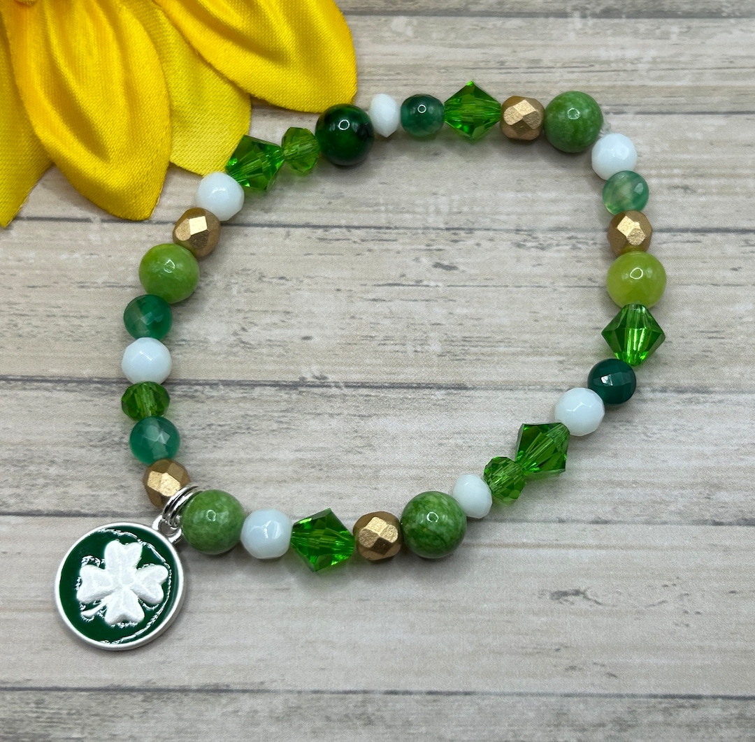 St Patricks Day Bracelet, Pewter Four Leaf Clover Charm, Green Gold ...