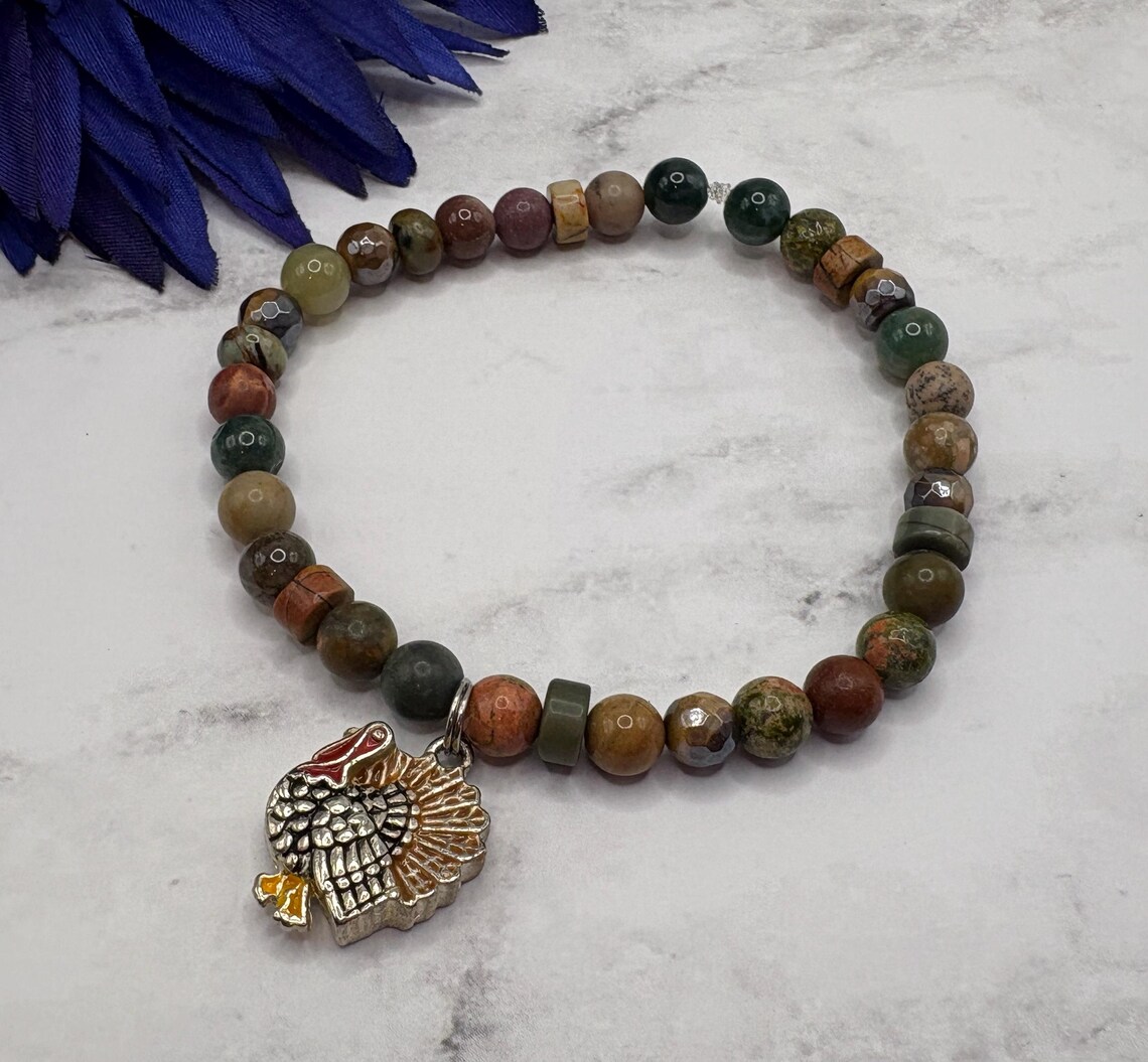 Thanksgiving Bracelet, Turkey Charm Bracelet, Autumn Colors, Jasper ...