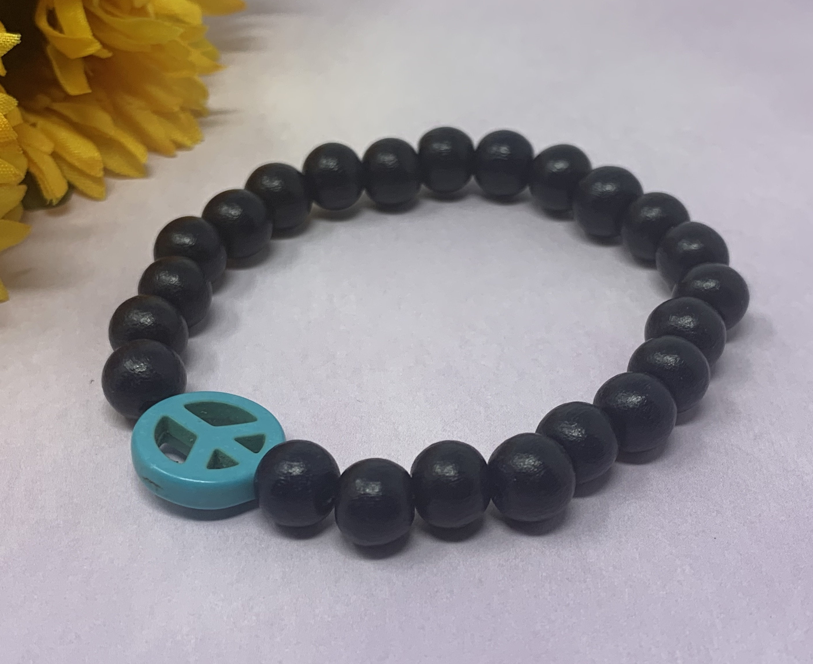 Peace Sign Bracelet Teal Peace Sign Black Wood Beads | Etsy