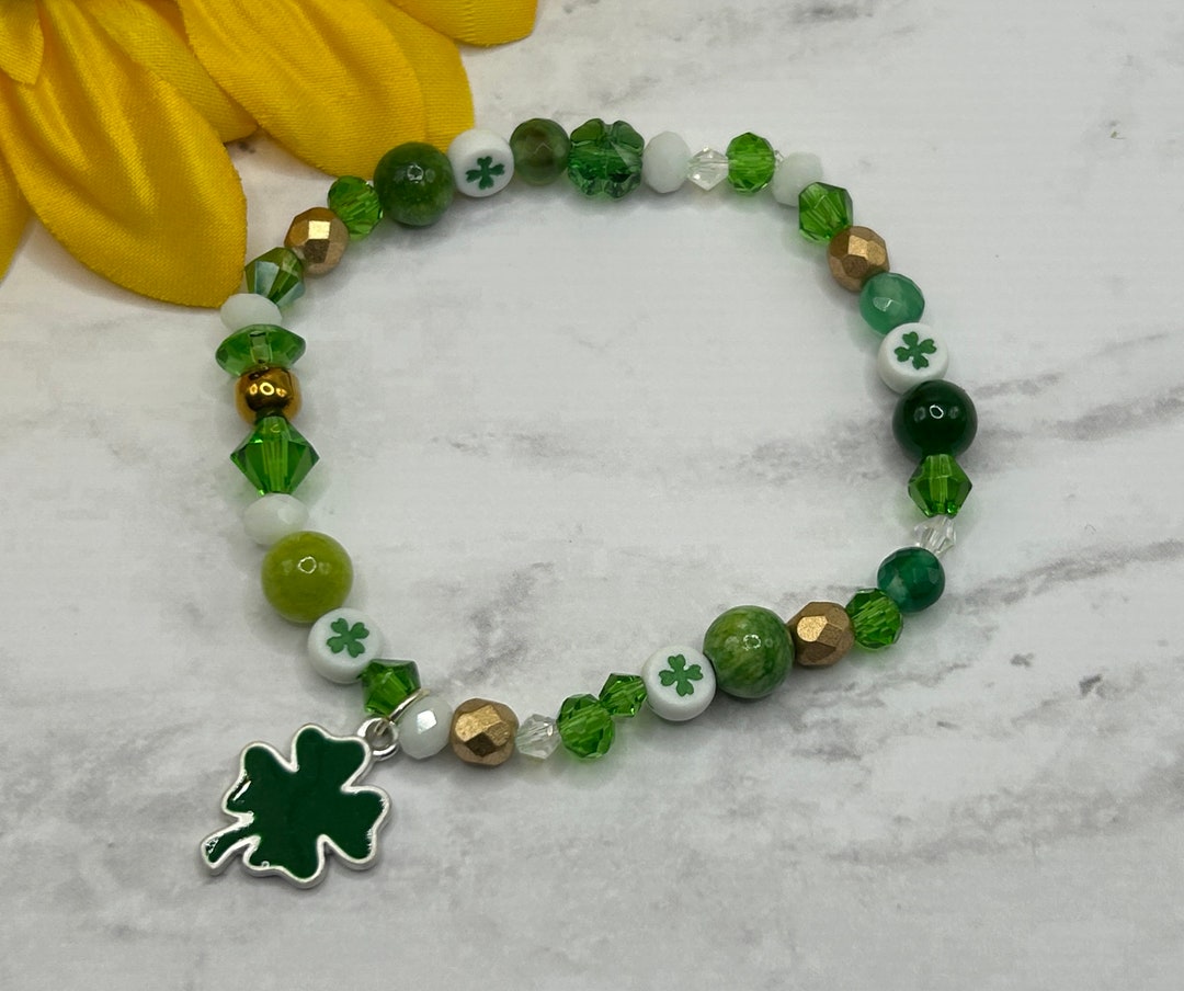 St Patricks Day Bracelet, Four Leaf Clover Charm, Green and Gold Beads ...