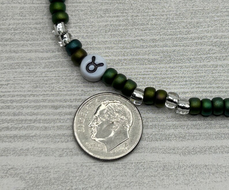 Taurus Zodiac Bracelet, Dark Green Seed Beads, Stretch Bracelet ...
