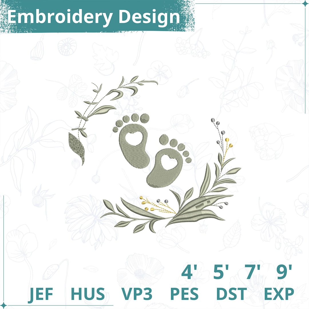 Floral Baby Footprint Embroidery Design, Machine Embroidery (digital ...