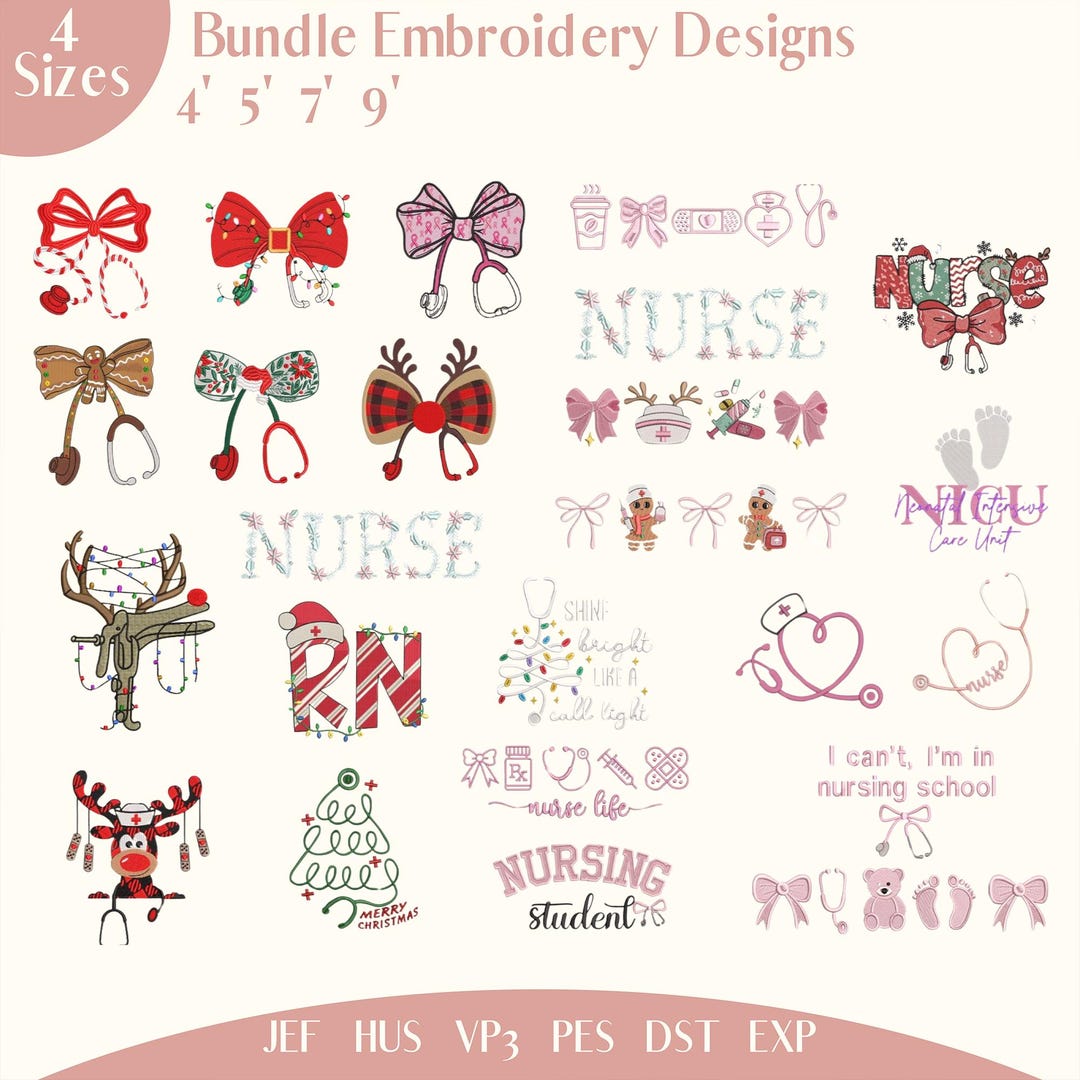 Nurse Embroidery Design Bundle, Stethoscope Christmas Embroidery File ...