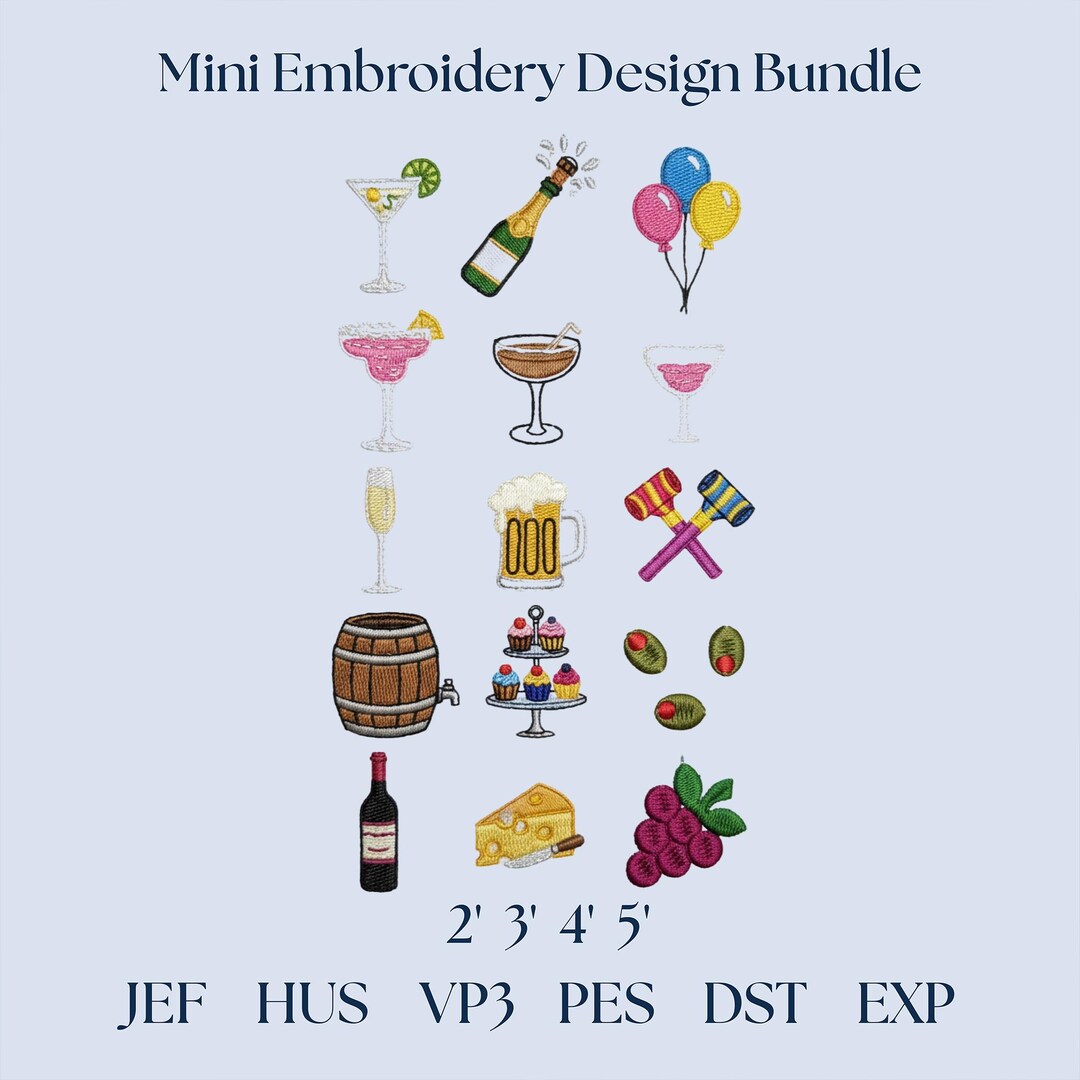 Set of 15 Cocktail Drinks Mini Embroidery Designs, Drink Cocktails ...
