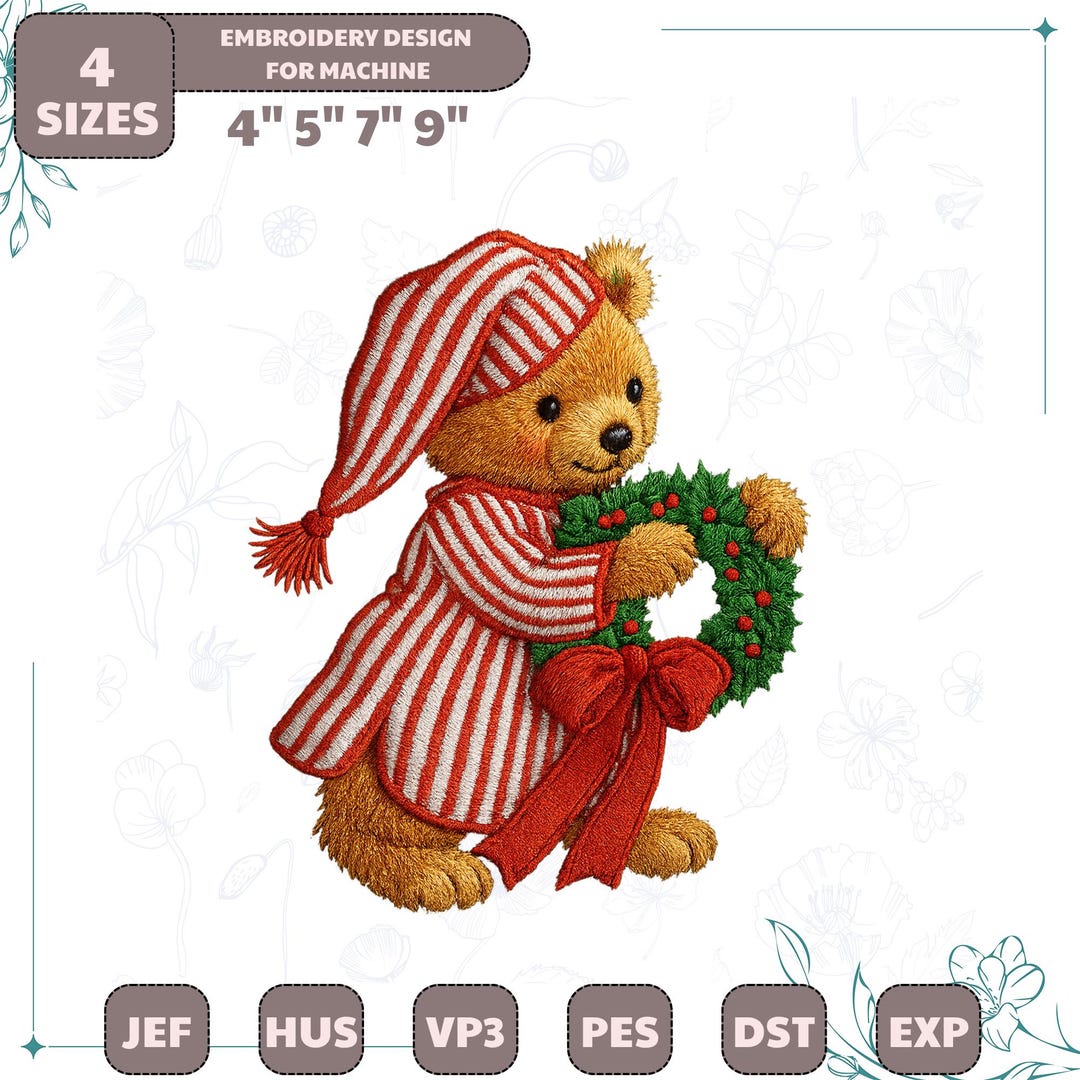 Christmas Cozy Bear With Pajamas and Laurel Wreath Embroidery Design ...
