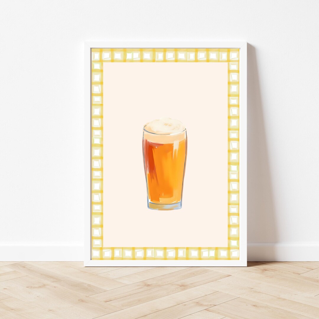 Beer Glass With Yellow Checkered Border Digital Print Wall Decor. Home ...