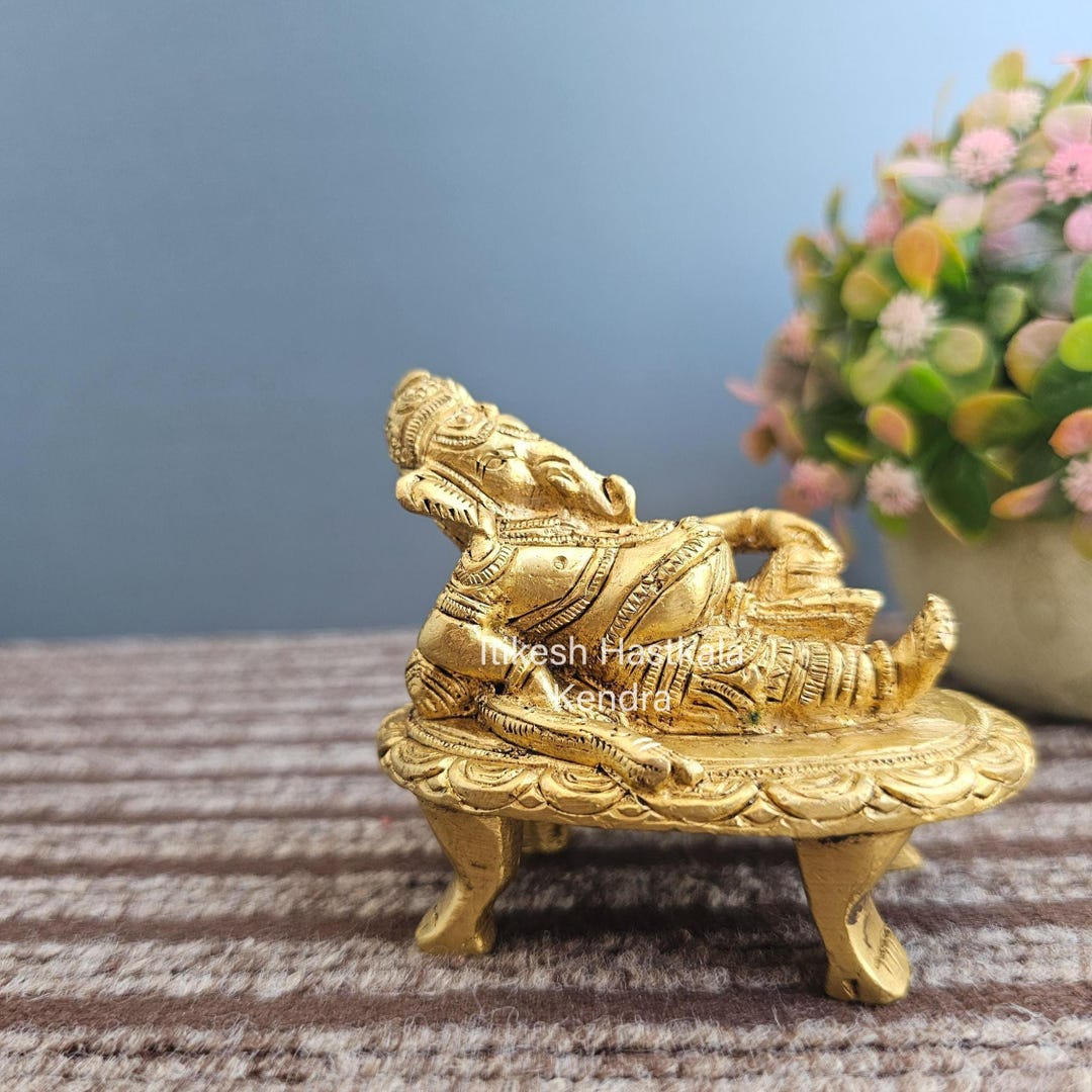 Handmade Brass Reclining Ganesha Statue, Lord Ganesha on Chowki Bed ...