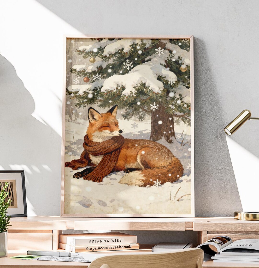 Cozy Fox Christmas Poster | Holiday Wall Art | Xmas Oil Painting Print ...