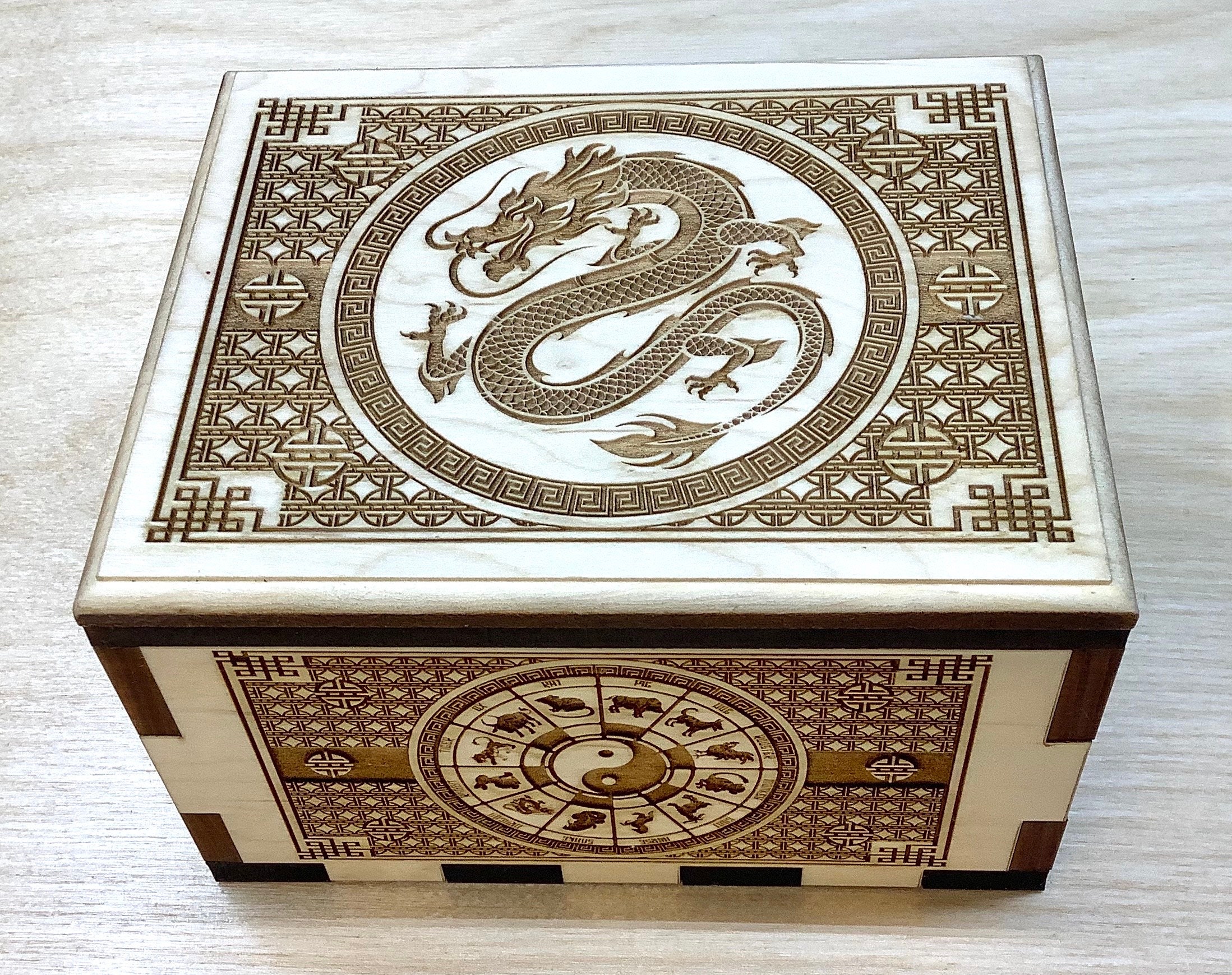 Hurricane Puzzle Box Maple With Dragon Artwork - Etsy