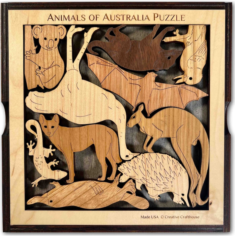 Australian Animal Wooden Puzzle - Wildlife Brain Teaser Game - 10 Piece ...