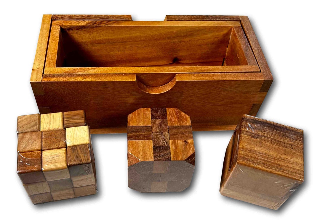 Three Wood Puzzles Birthday Gift Set for Teens, Snake Puzzle Cube ...