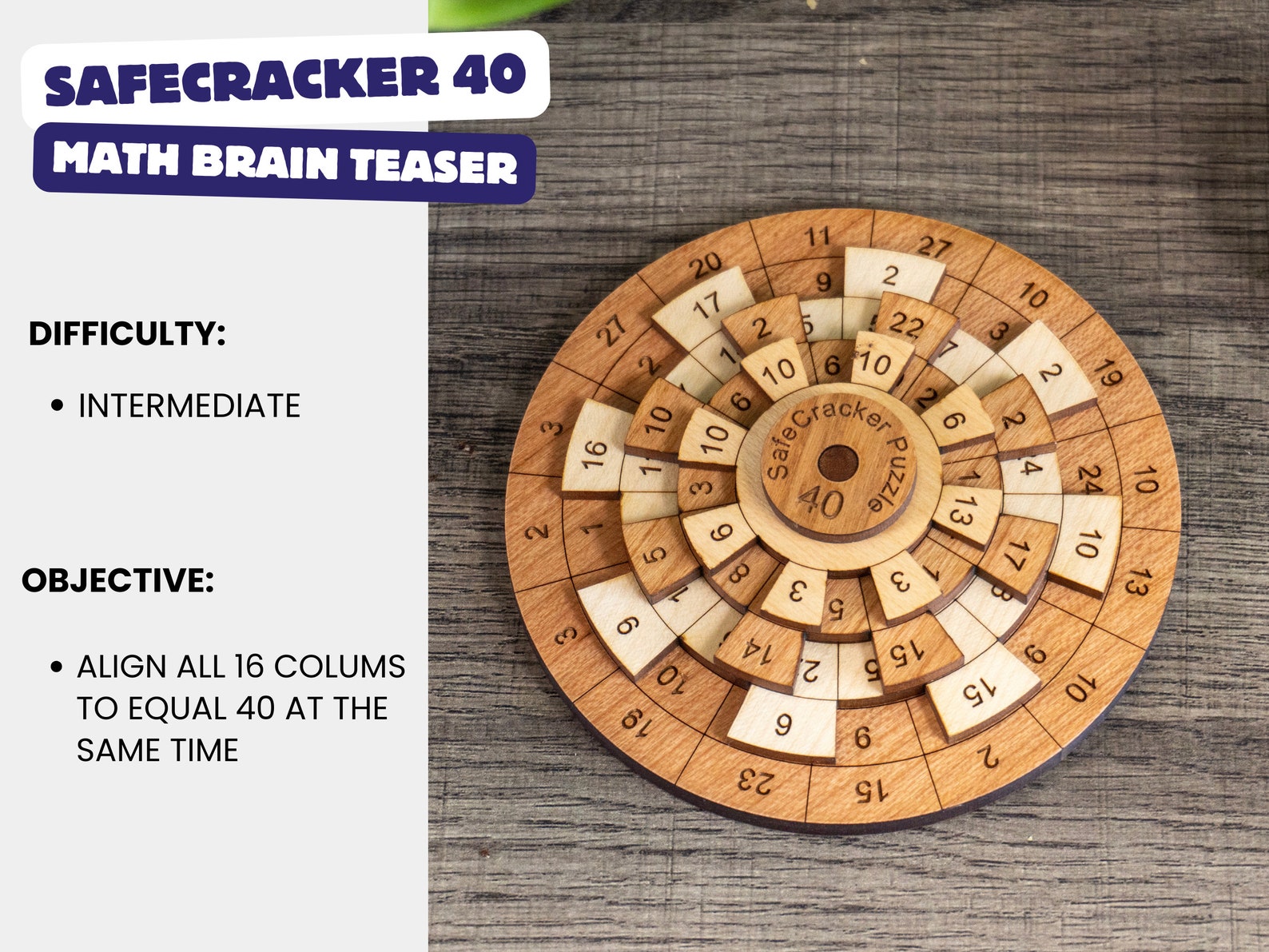 Wood Math Puzzle, Safecracker 40 Puzzle, Rotating Puzzle, STEM Toy ...