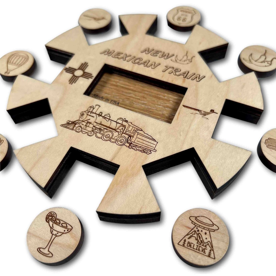 Mexican Train New Mexico Edition Hub and Tokens Wooden Domino Game ...