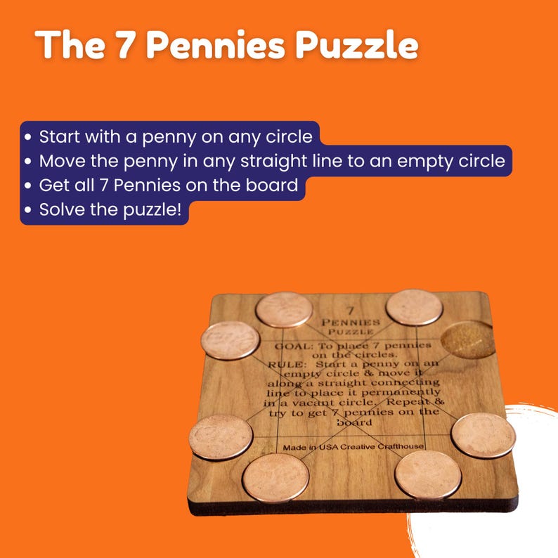 7 Pennies Puzzle, White Elephant Gift, Wood Brain Teaser, Bar Game ...