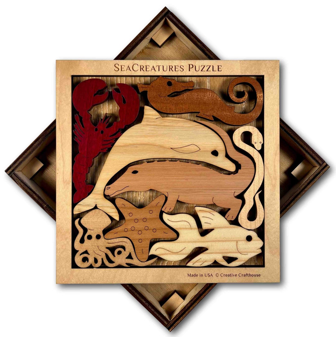 8 Sea Creatures Wood Puzzle - Handmade Wood Brain Teaser - Dolphin ...