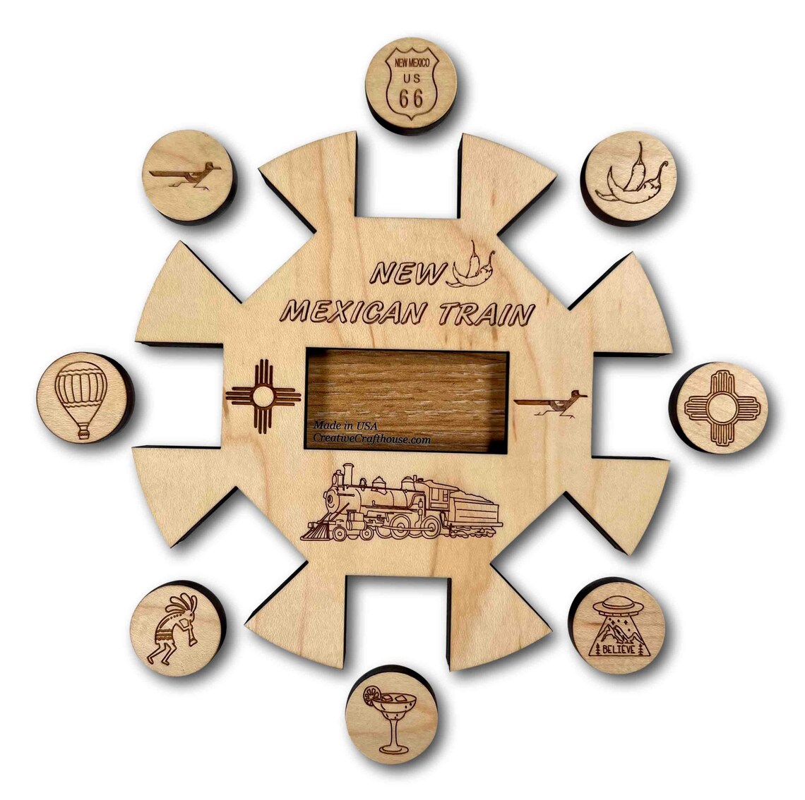 Mexican Train New Mexico Edition Hub and Tokens Wooden Domino Game ...