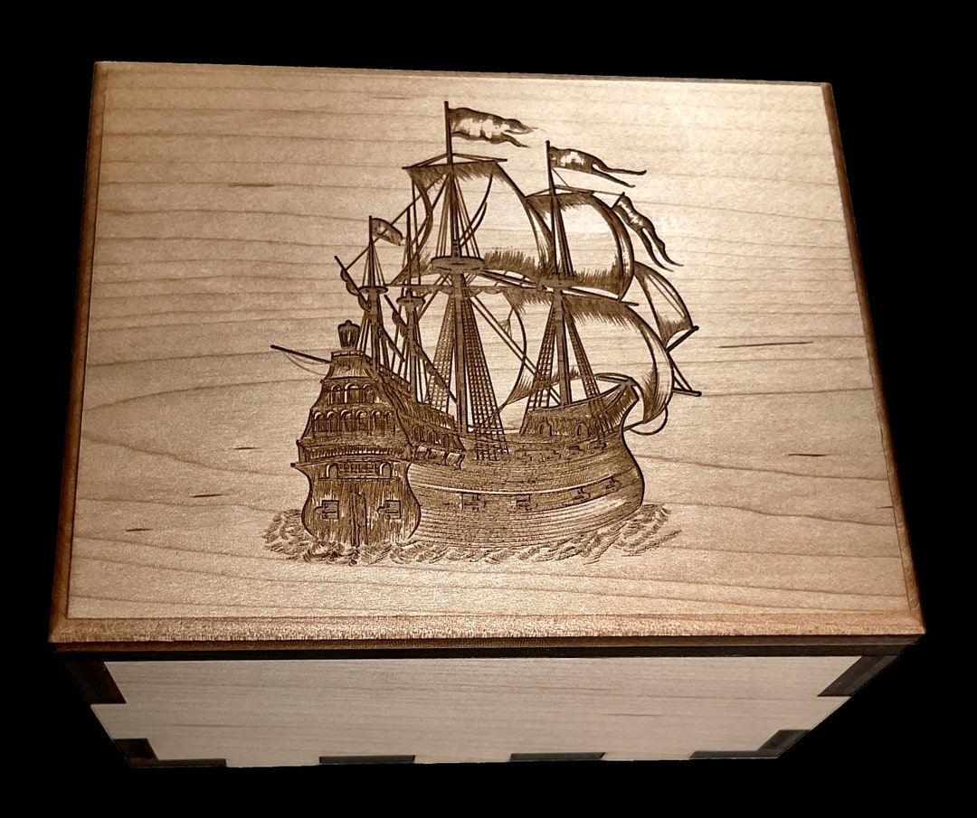 Tall Ship Hurricane Puzzle Box With Laser Engraved Name - Maple Wood ...