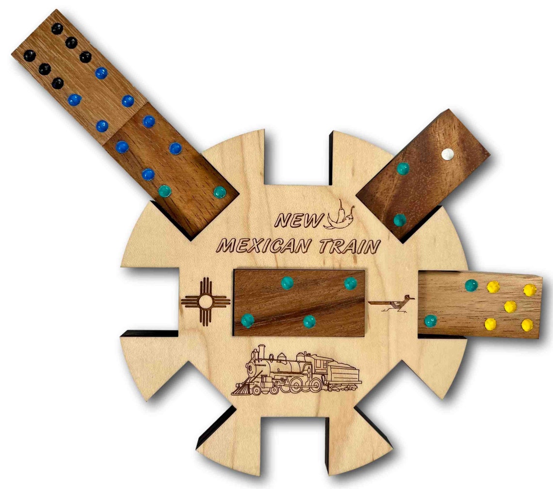 Mexican Train New Mexico Edition Hub and Tokens Wooden Domino Game ...