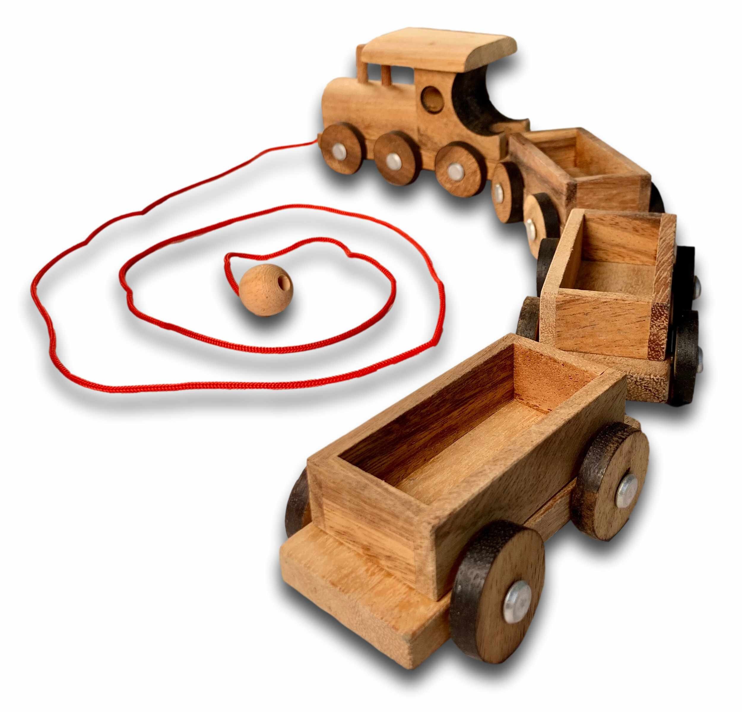 Handcrafted Wooden Train Set Toy - Pull Along Engine With 3 Open Cars ...