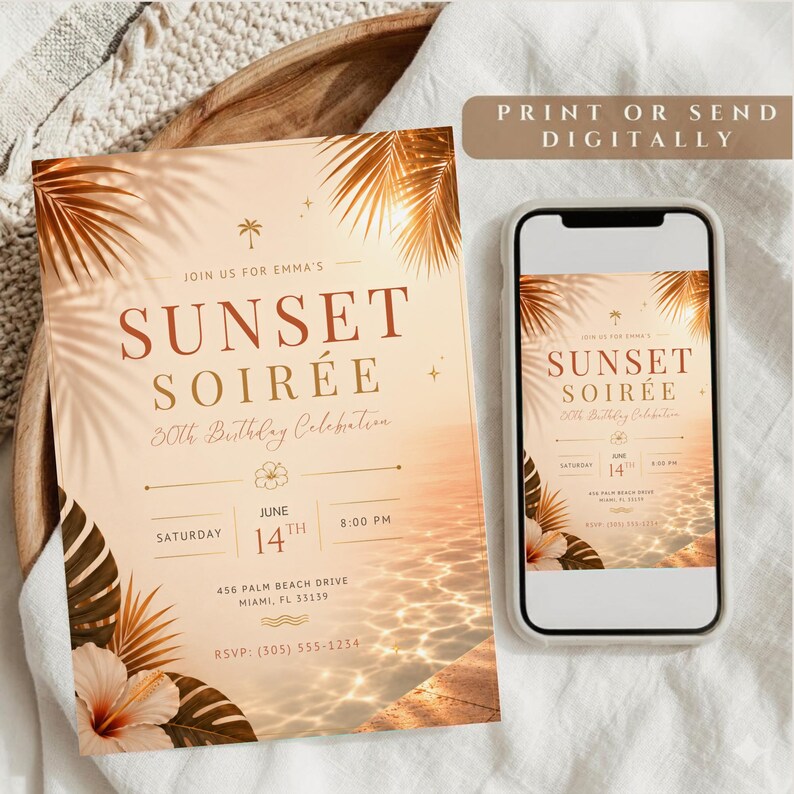 Sunset Soirée Summer Party Invitation Editable in Canva, Tropical 30th ...