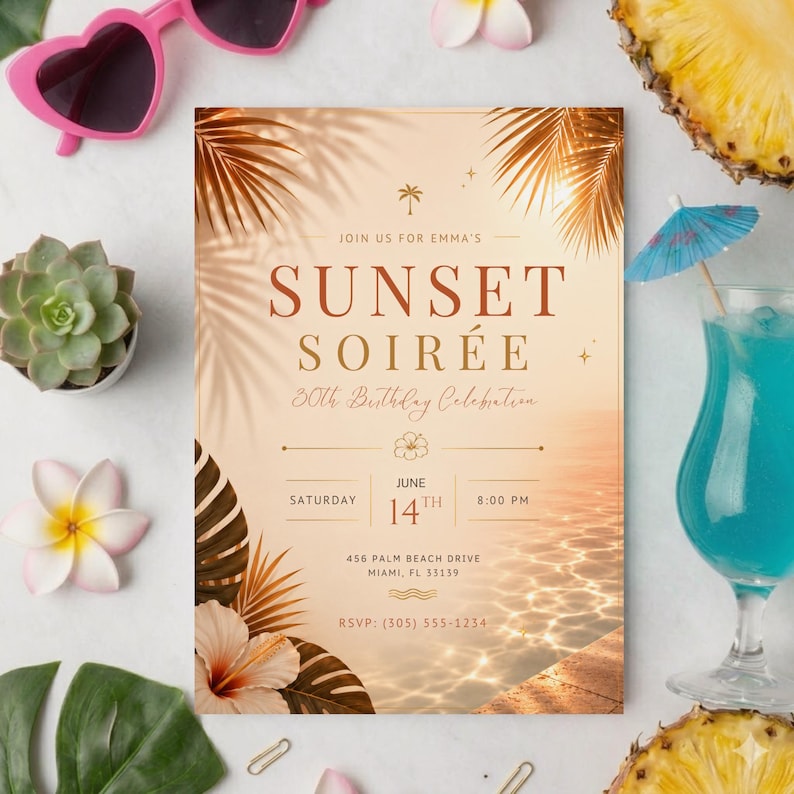 Sunset Soirée Summer Party Invitation Editable in Canva, Tropical 30th ...