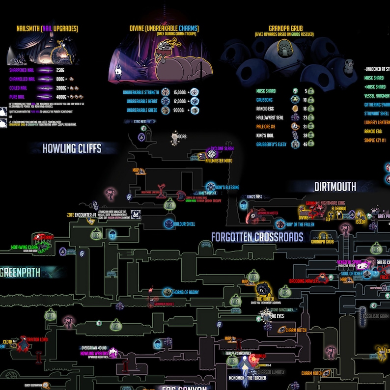 Hollow Knight Map Poster - Hallownest Wall Art - Game Decor - Canvas ...