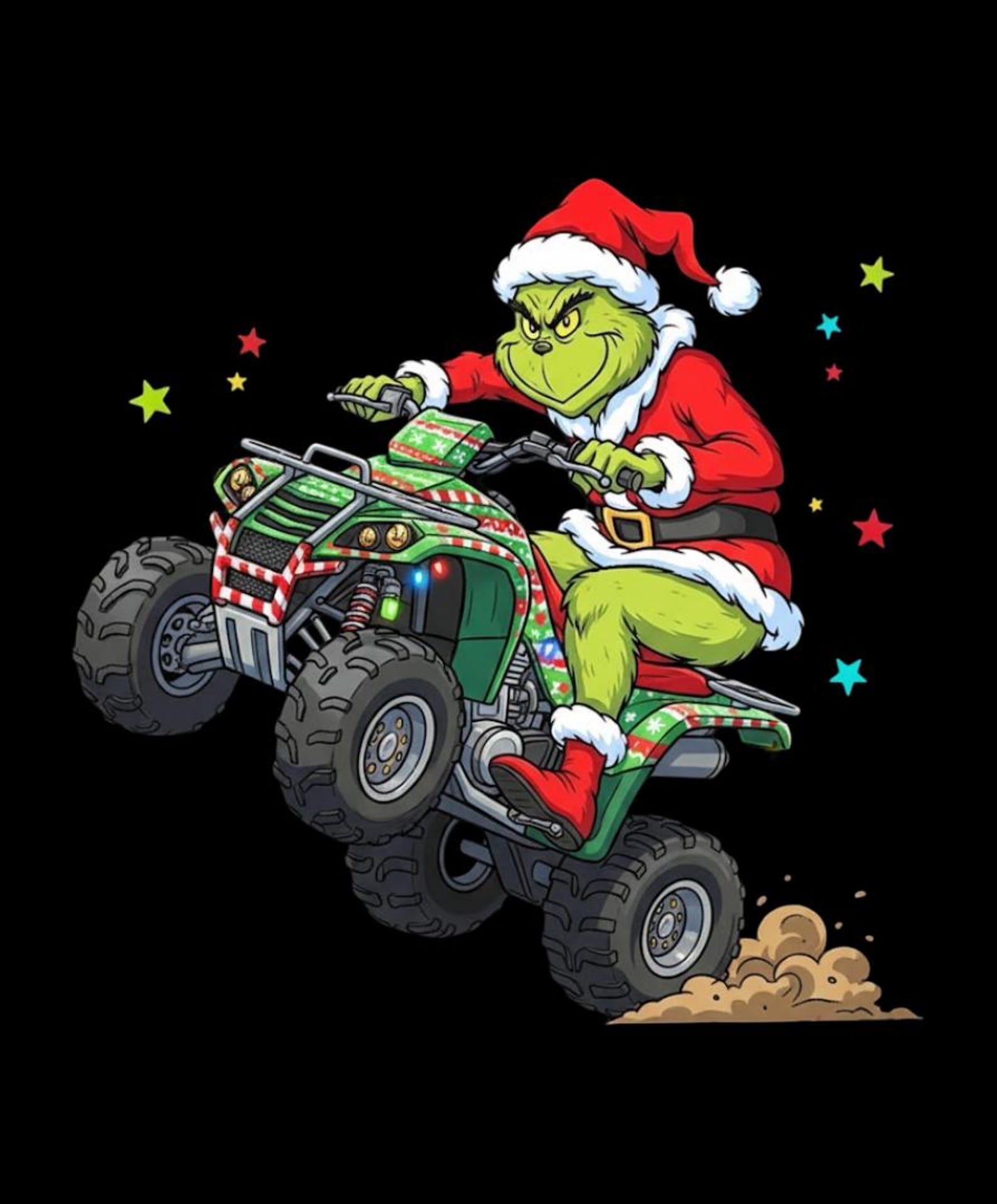 Funny Christmas Mischief Character Riding ATV Holiday Quad Bike Cartoon ...