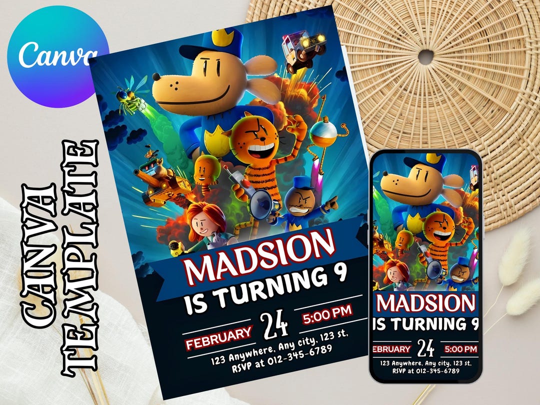 Editable Dog Man Birthday Invitation Template | Dogman Kids Birthday ...