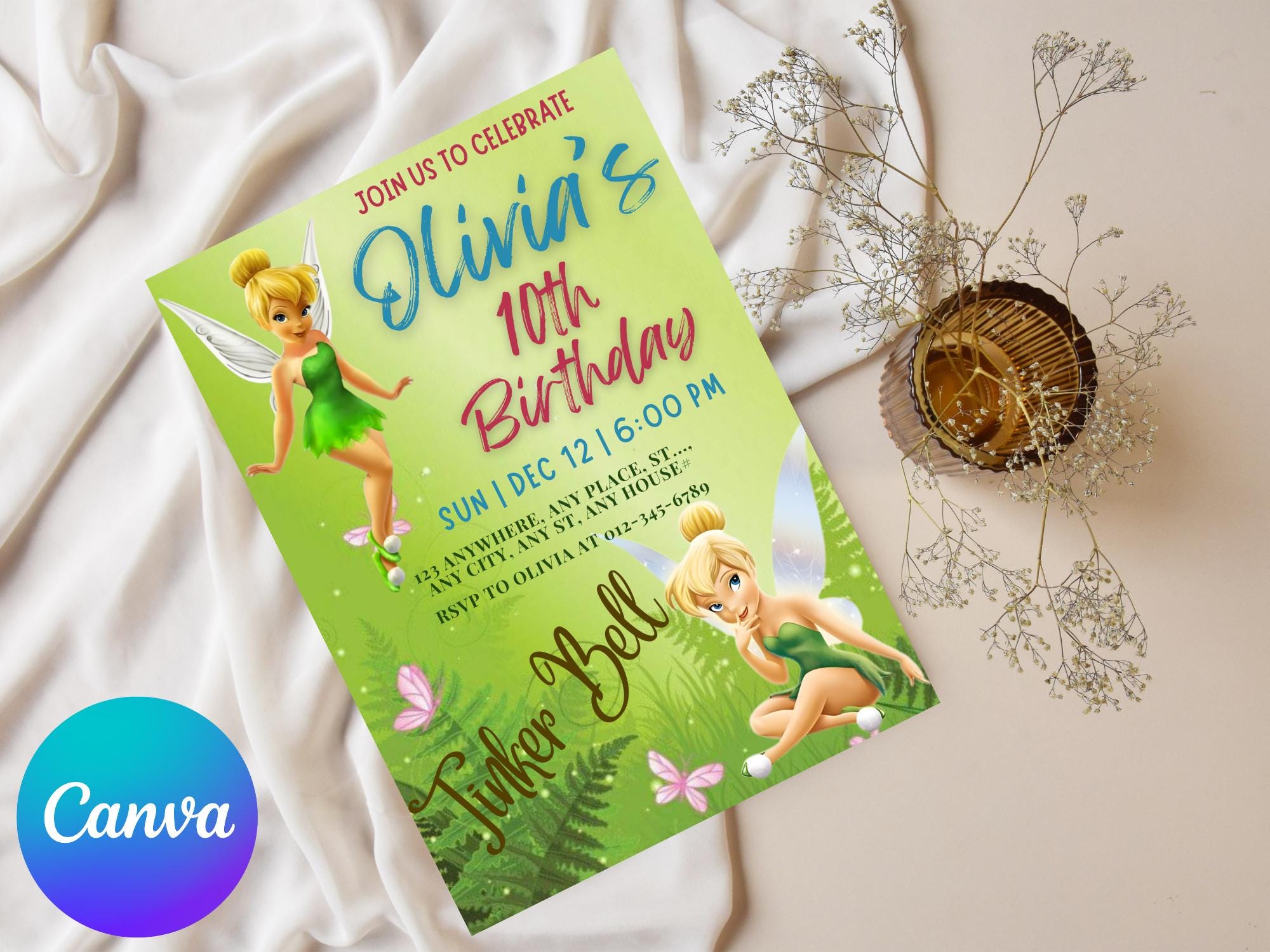 Editable Tinkerbell Birthday Invitation, Fairy Tinkbell Birthday Party ...