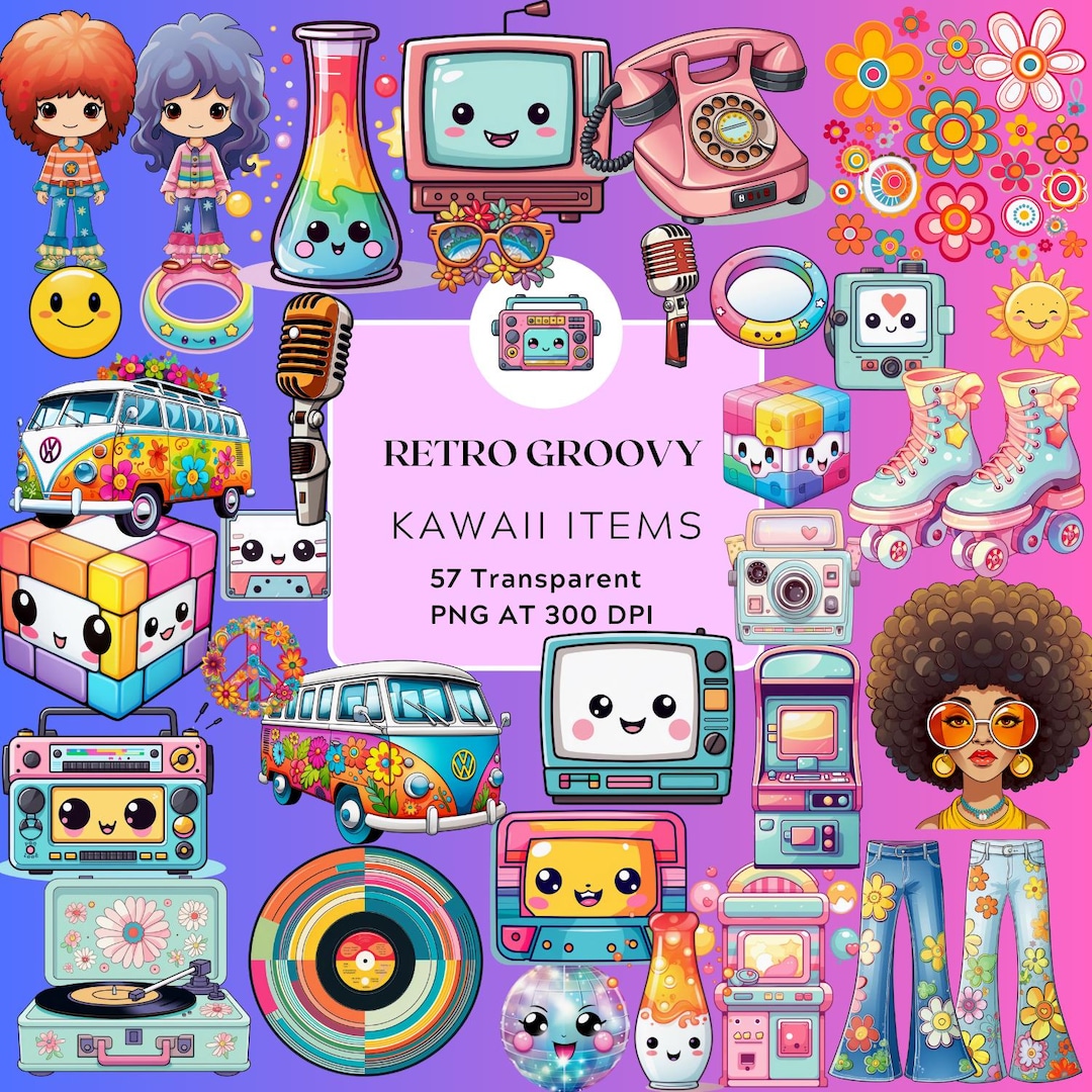 Retro Groovy Clipart: 80 Hippie Graphics, PNG & JPEG (commercial ...