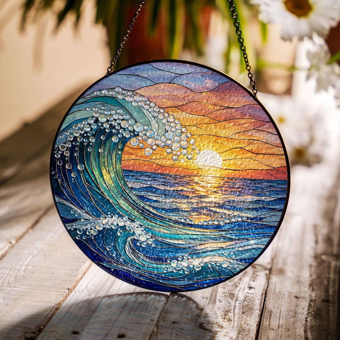 Ocean Wave Stained Glass Suncatcher, Beach Coastal Glass Suncatcher ...