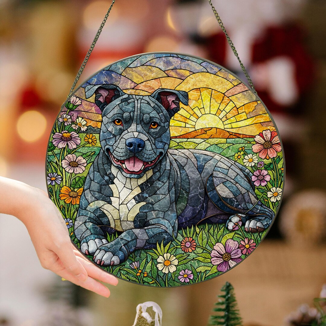 Pit Bull Stained Glass Window Suncatcher – Custom Dog Breed Glass Sun ...