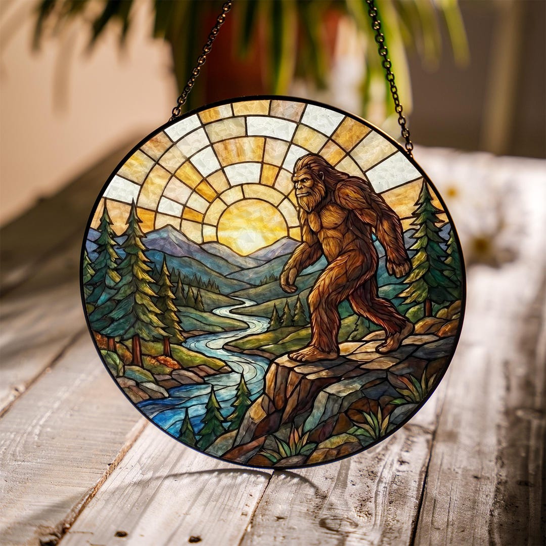 Bigfoot Stained Glass Window Suncatcher, Sasquatch Forest Art Panel ...