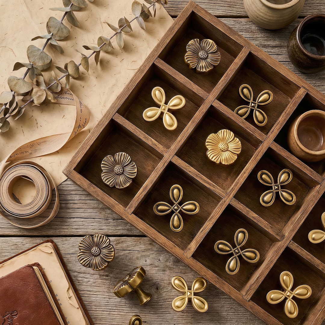 Lucky Clover Brass Knobs, Heavy Square Pulls, Solid Brass Flower ...