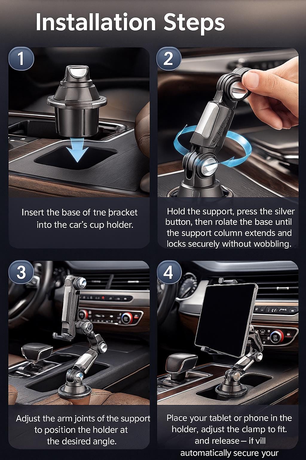 Adjustable Car Cup Holder Tablet and Phone Mount – 360 Rotating Arm ...