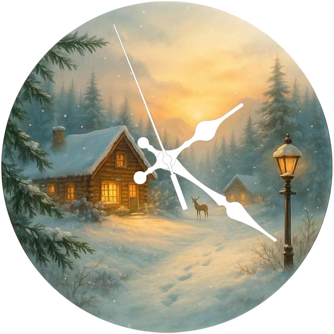 Cozy Cabin Wall Clock – Round Acrylic Silent Wall Clock – Winter Deer ...