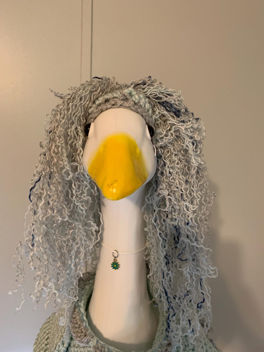 Crocheted Messy Bun Hair Wig for Porch Goose Dress up Aqua Blue & Gray ...