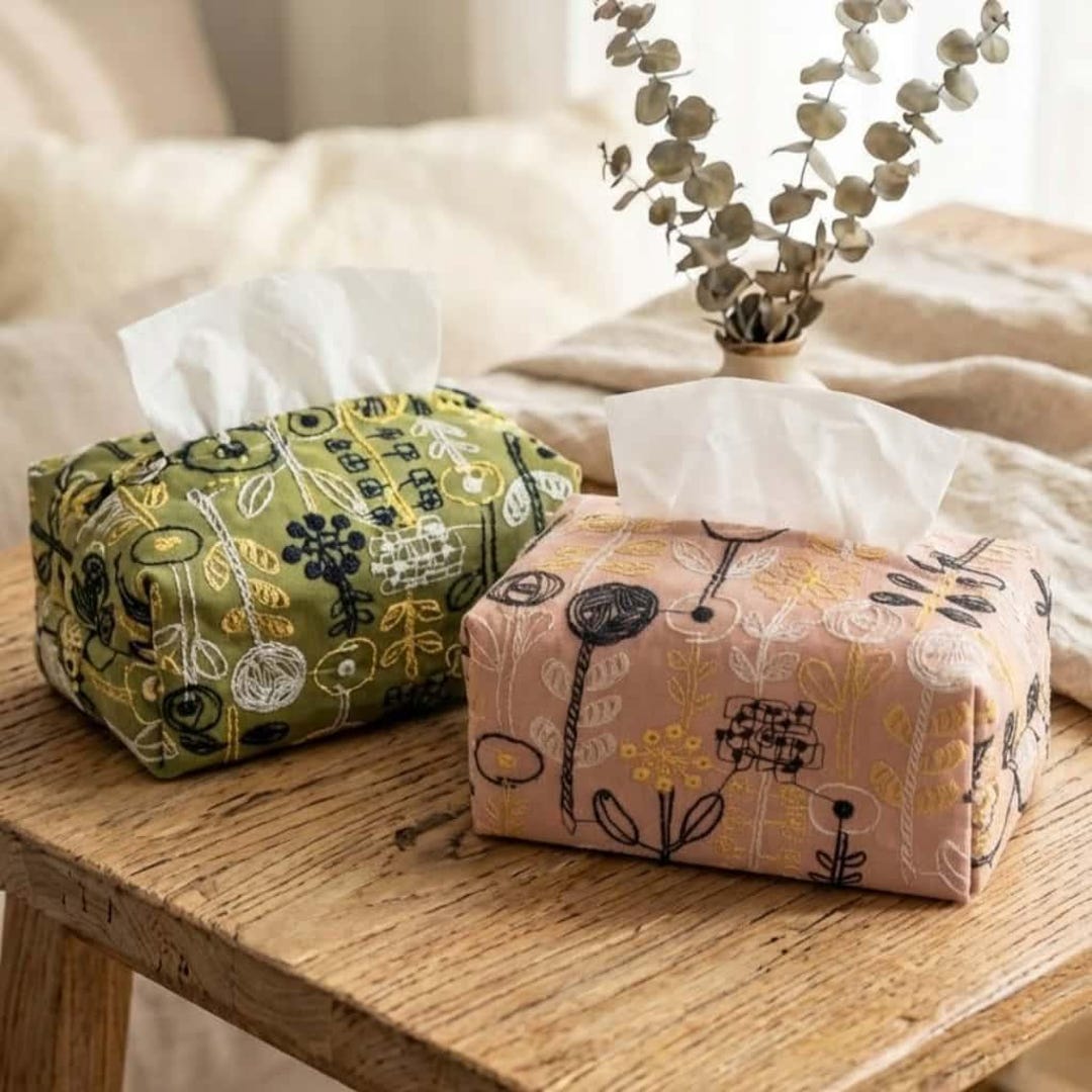 Embroidered Floral Tissue Box Cover, Sage Green Polyester, Bohemian ...