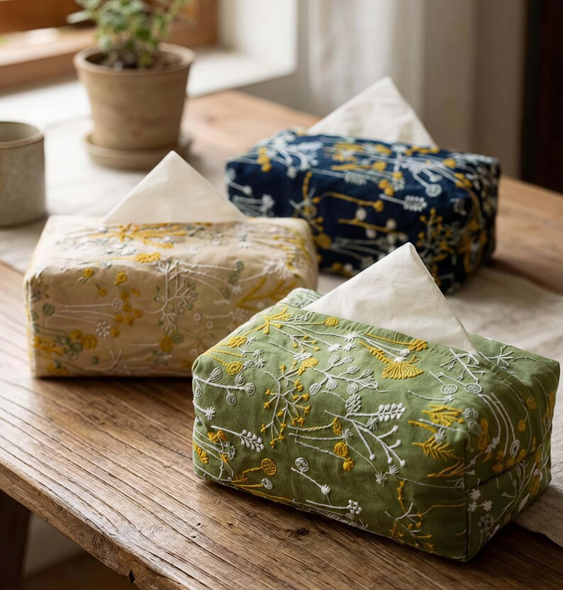 Embroidered Floral Tissue Box Cover, Bohemian Polyester Fabric Napkin ...