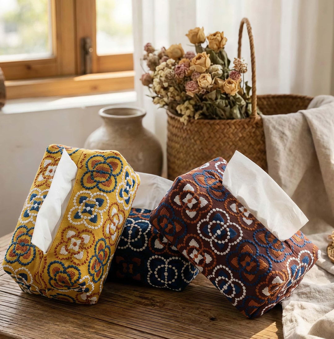 Embroidered Tissue Box Cover, Bohemian Geometric Fabric Napkin Holder ...